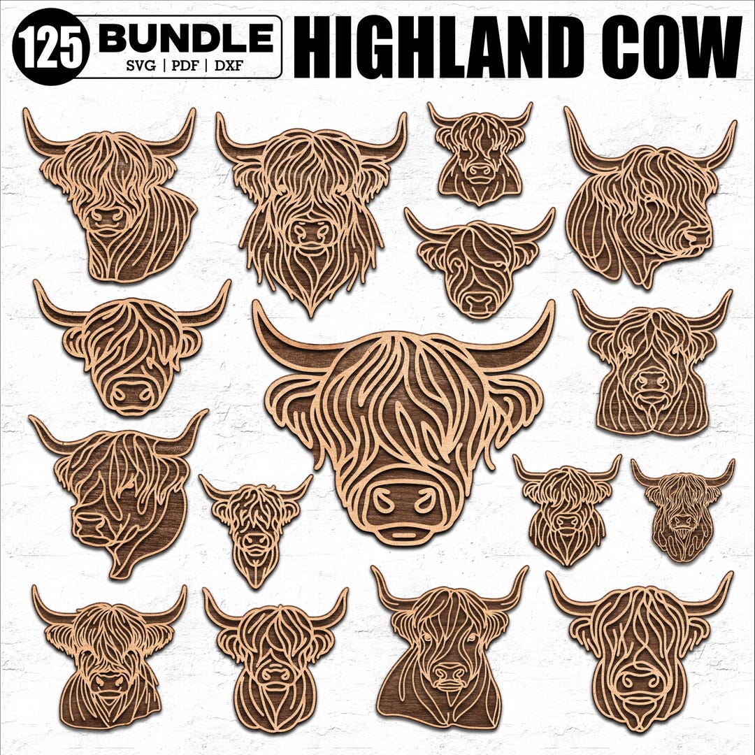 Line Art 125 Highland Cow Bundle Svg Pdf Dxf Laser Cut - Layer Cow ...