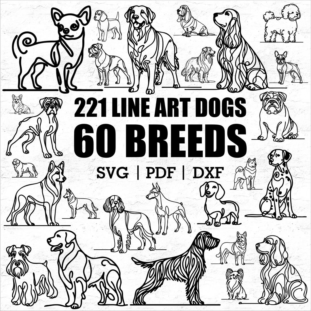 221 Line Art Dog Bundle Svg Files 60 Breeds - Dog Ornaments, Dog Laser ...