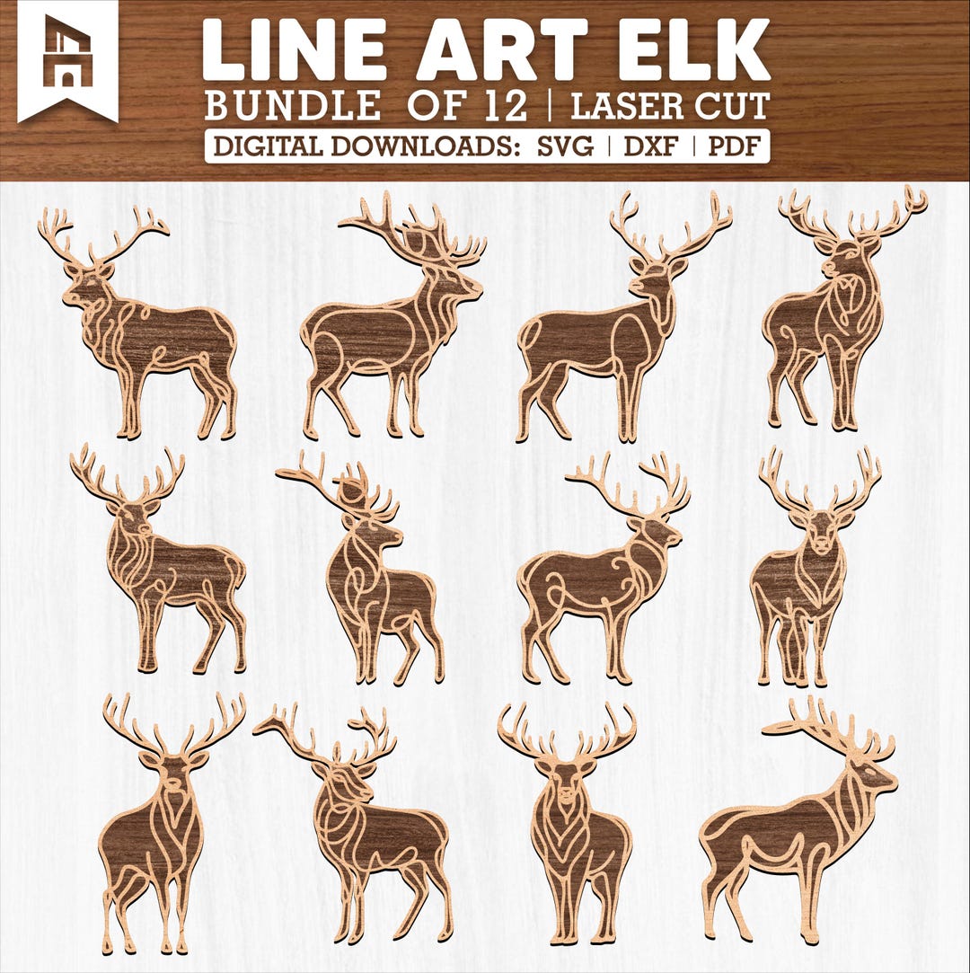 12 Elk Line Art Laser Cut Files, Deer Svg Dxf Pdf, Wildlife Laser ...