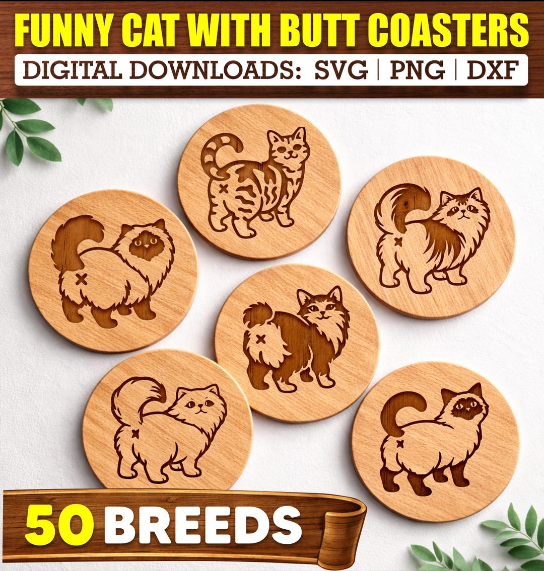 50 Funny Cat Coaster SVG Bundle | 50 Cat Breeds Laser Engrave Files ...