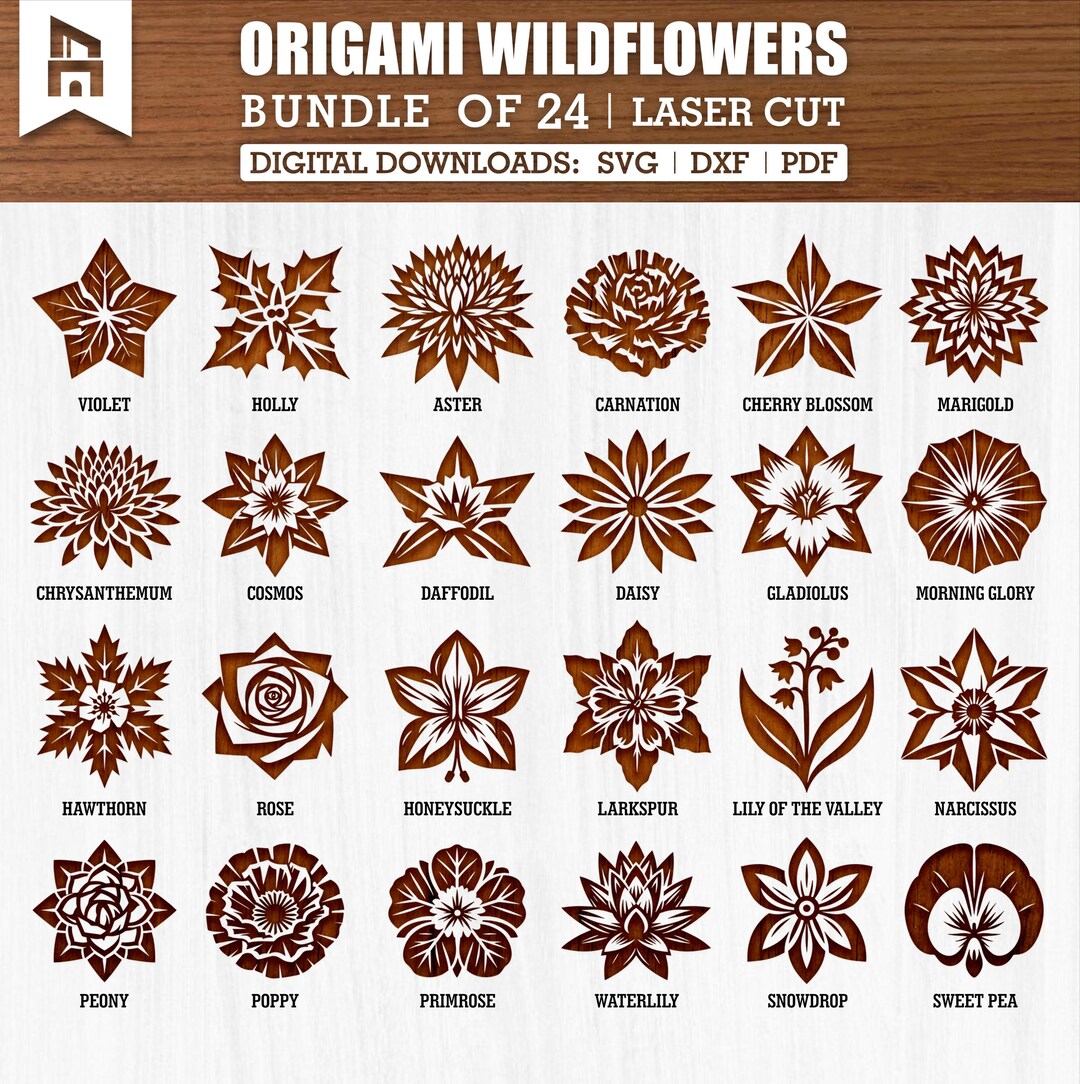 24 Origami Wildflower SVG Bundle, Laser Cut Floral Designs, Flower DXF ...