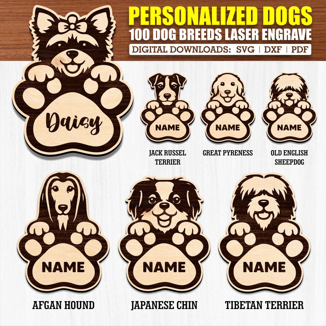 Personalized Dog Breed Laser Engraved Paw Print Tags | Custom Dog Name ...