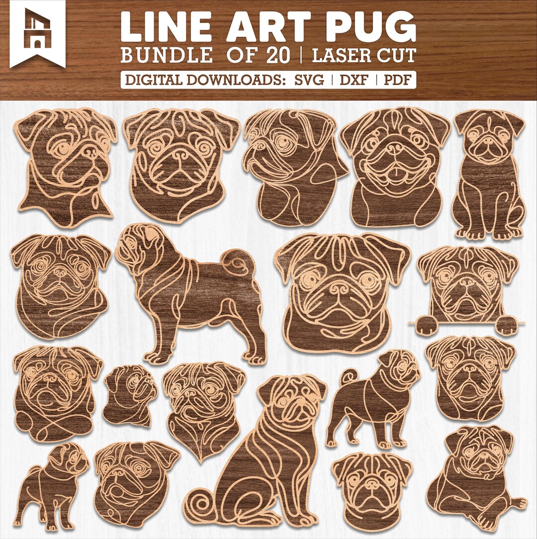 20 Line Art Pug Dog Svg Dxf Pdf - Dog Ornaments, Dog Laser Cut ...