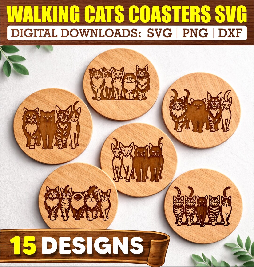 Cat Coaster SVG Bundle, Walking Cats Silhouette Laser Cut Files ...