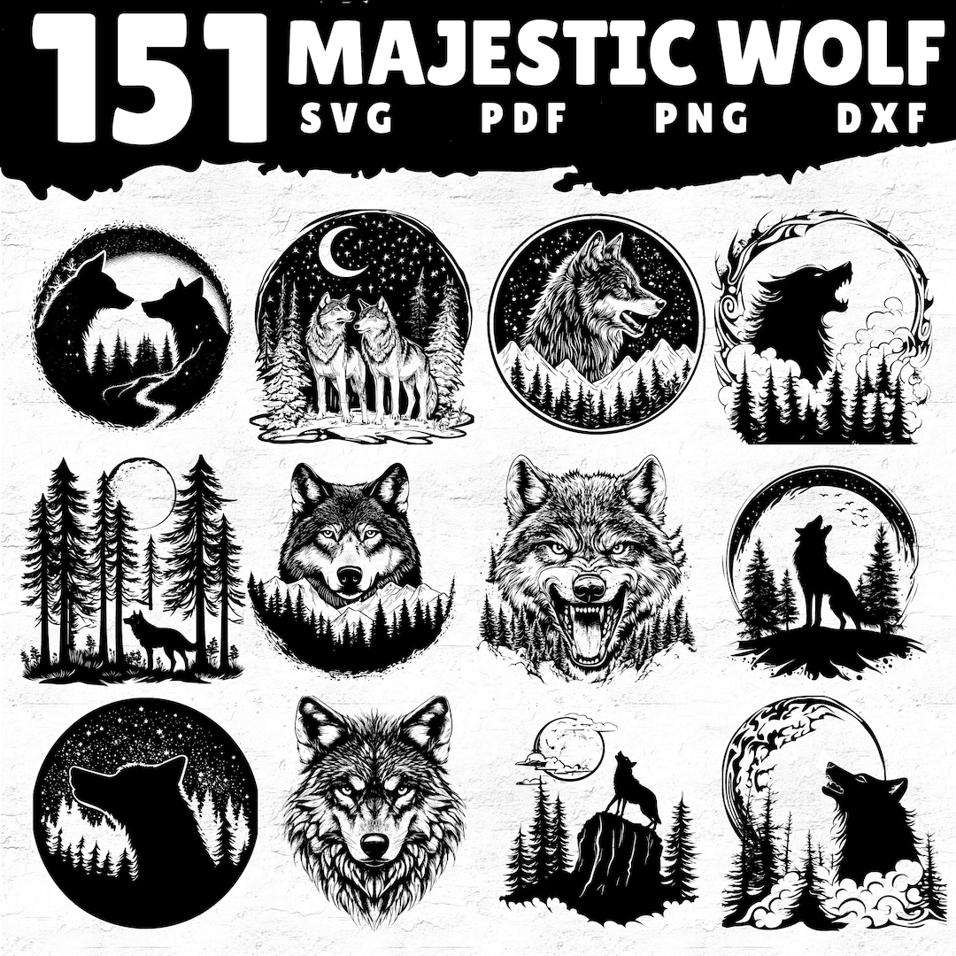 151 Wolf With Forest Clipart Bundle SVG PNG PDF Dxf | Wild Wolf ...