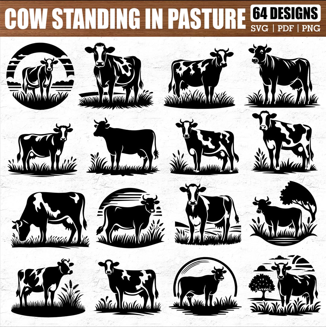 Cow in Pasture SVG Bundle | 64 Farm Cow Silhouette Designs for Cricut ...
