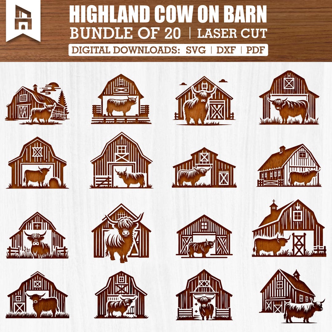 Highland Cow on Barn Laser Cut Files Bundle, 20 Rustic Farmhouse SVG ...