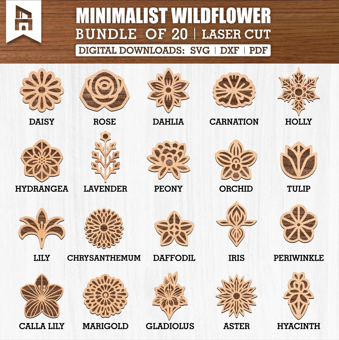 20 Minimalist Wildflower SVG Bundle, Laser Cut Floral Files, Digital ...