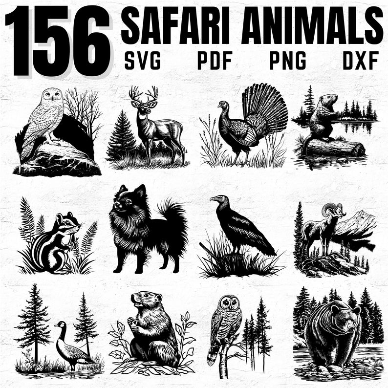 156 Safari Animals SVG PNG DXF Bundle, African Wildlife Clipart Set for ...