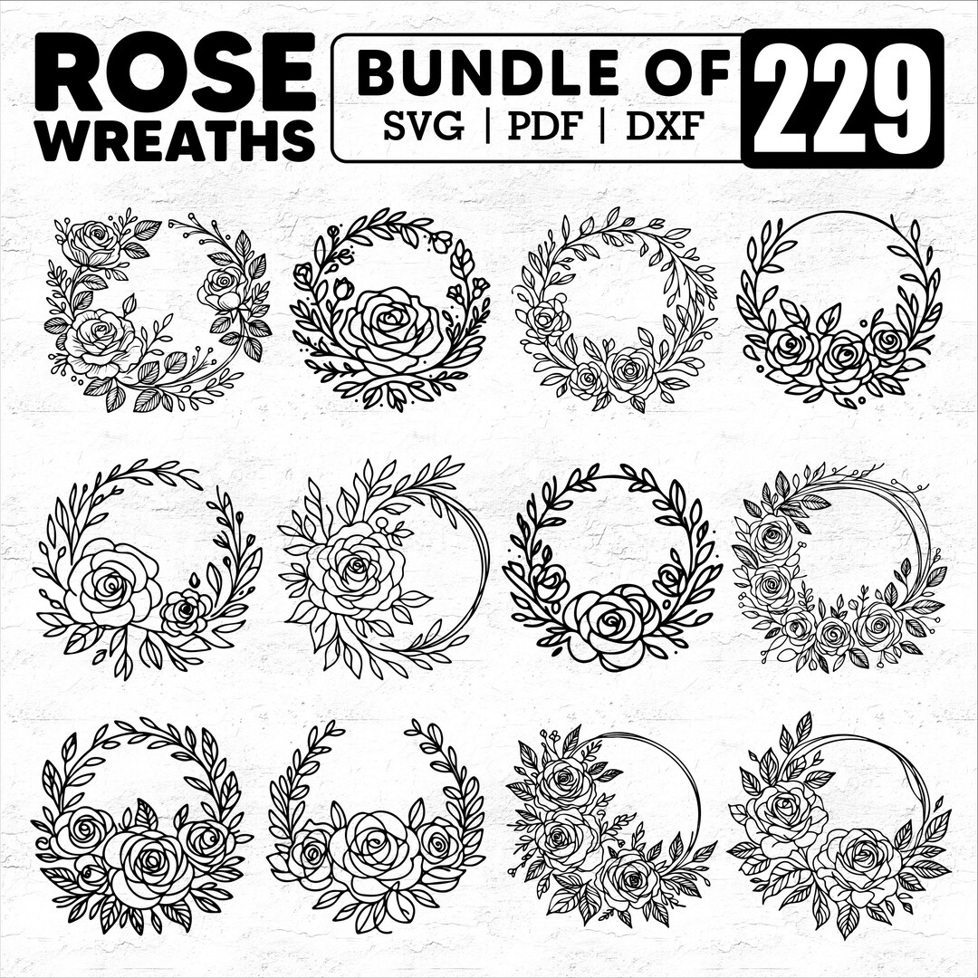 229 Line Art Floral Rose Wreaths Bundle Svg Pdf Dxf - Wildflower ...