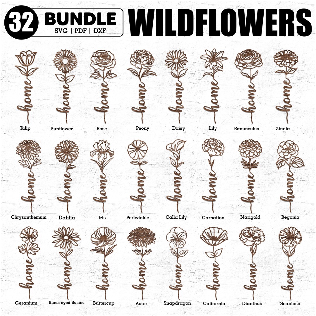 32 Line Art Home Wildflowers Bundle Svg Pdf Dxf - Wildflower Ornaments ...