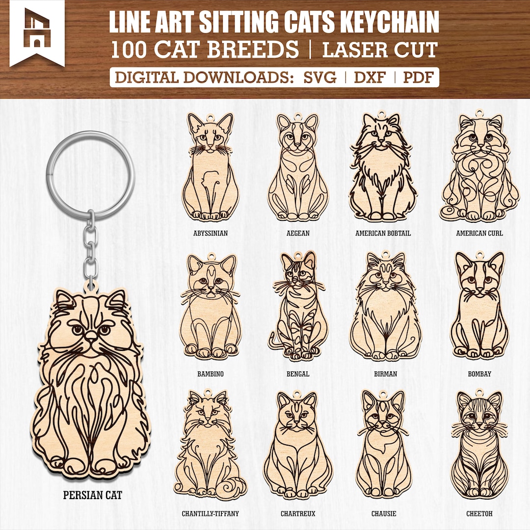100 Cat Breeds Sitting Line Art Svg Bundle Keychain With Bail - Cat ...