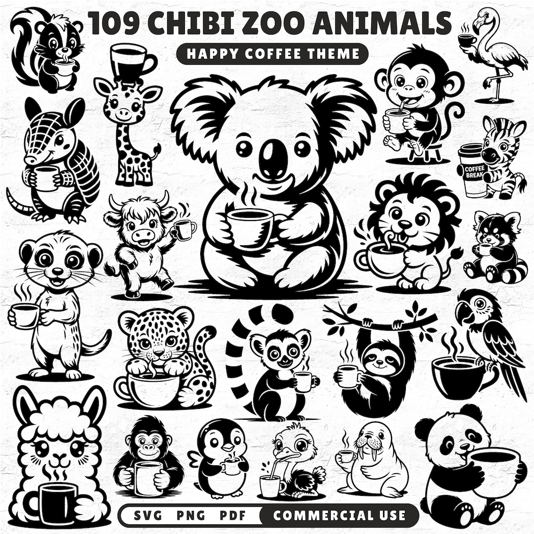109 Chibi Zoo Animals Coffee SVG Bundle | Cute Funny Animal Designs for ...