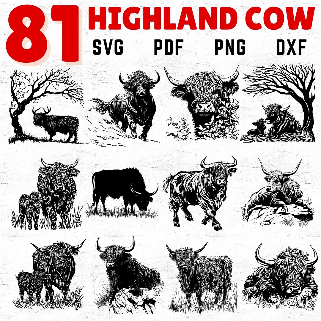 81 Highland Cow SVG PNG PDF Dxf Bundle for Cricut and Silhouette, Farm ...