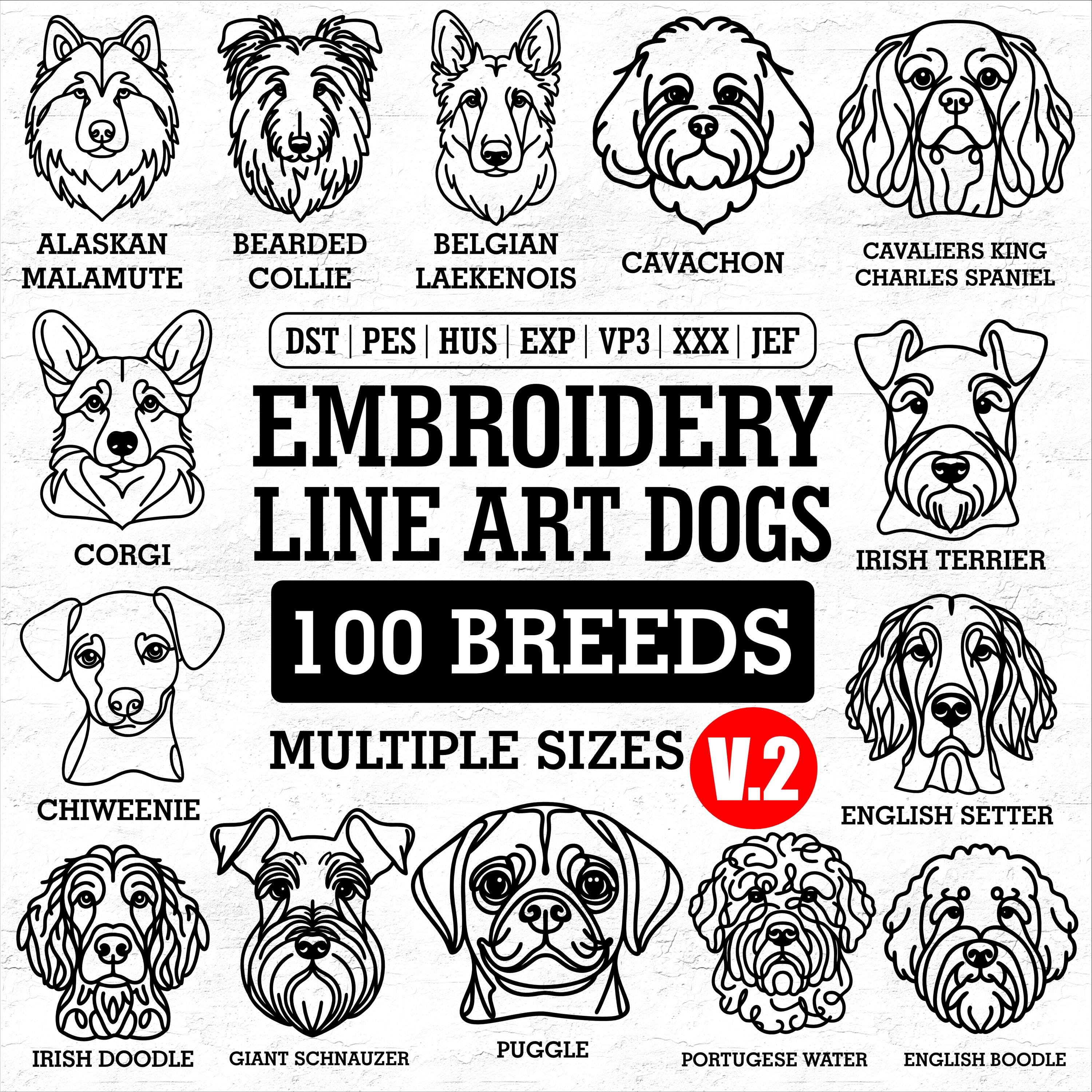 100 Dog Breeds Embroidery Design Version 2, Line Art Dog Embroidery ...