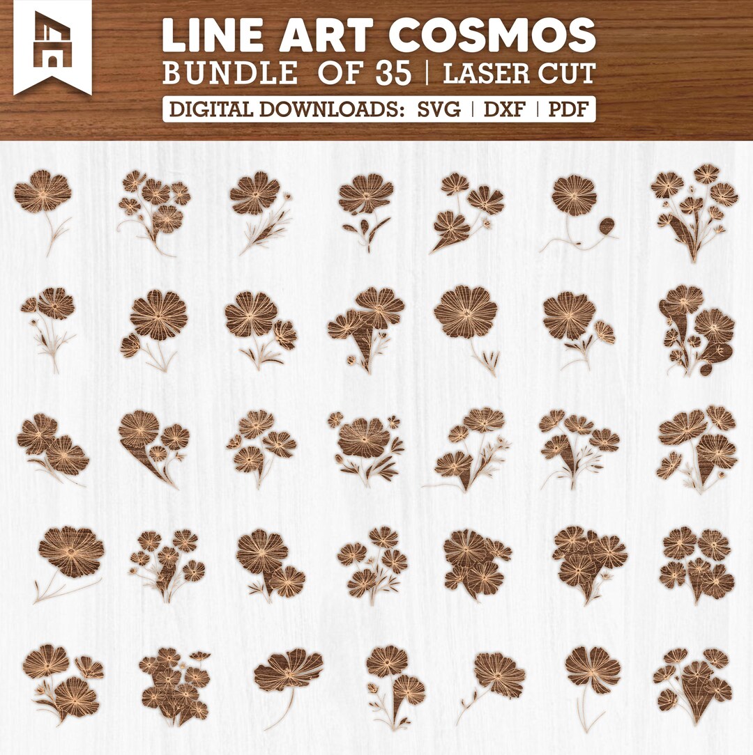 Line Art Cosmos Flower SVG Bundle, 35 Floral Laser Cut Files, Botanical ...