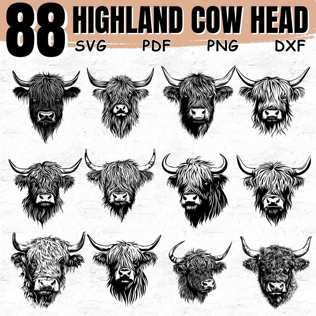 88 Highland Cow Head SVG PNG PDF Dxf Bundle for Cricut and Silhouette ...