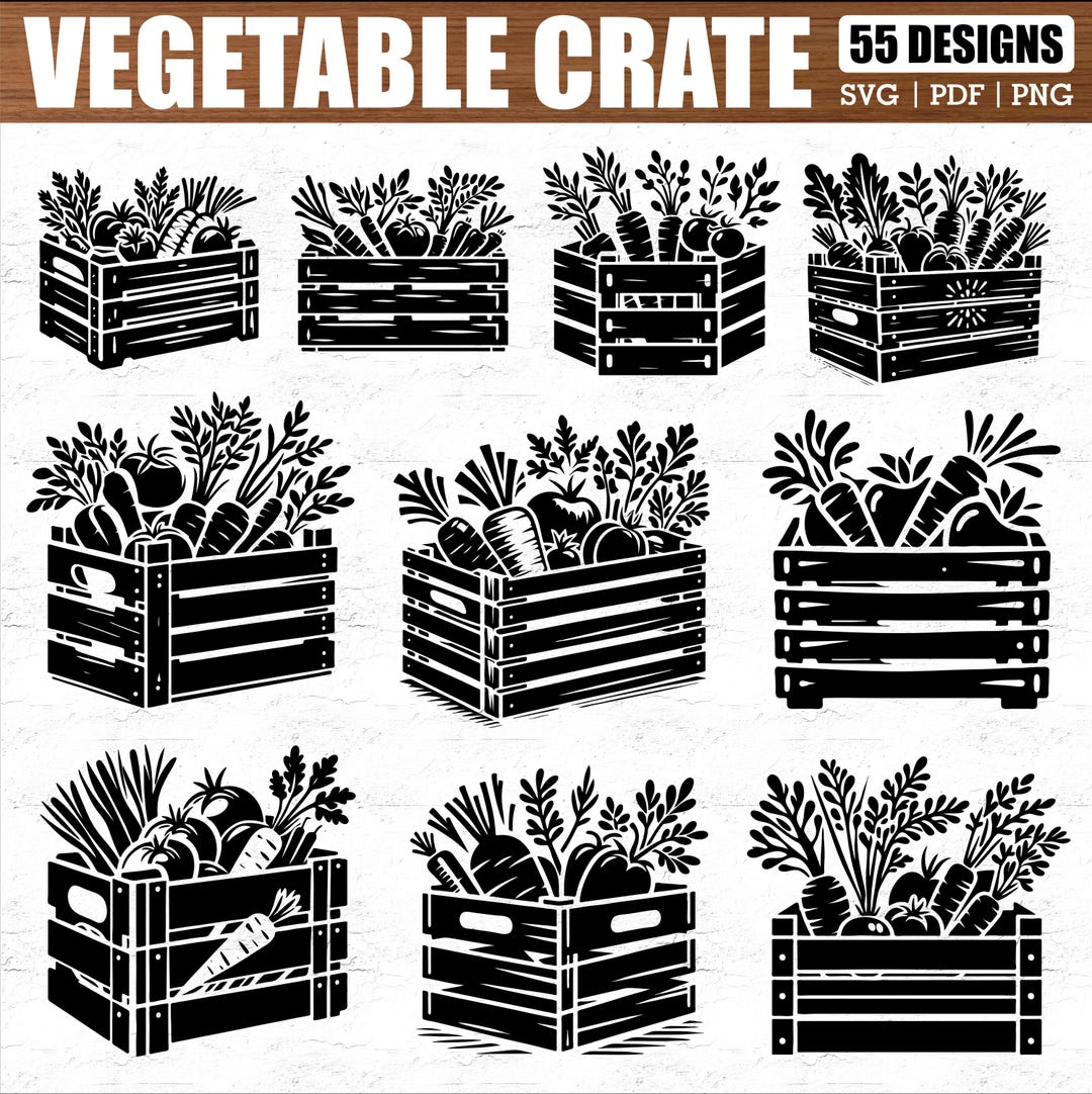 55 Vegetable Crate SVG Bundle, Farm Fresh Vegetables Crate Clipart ...