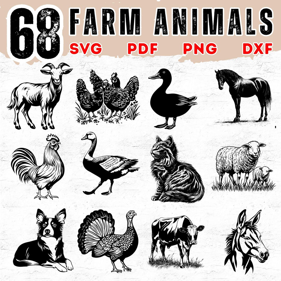 68 Farm Animal SVG DXF Bundle for Cricut Crafts, Barn Animal Silhouette ...