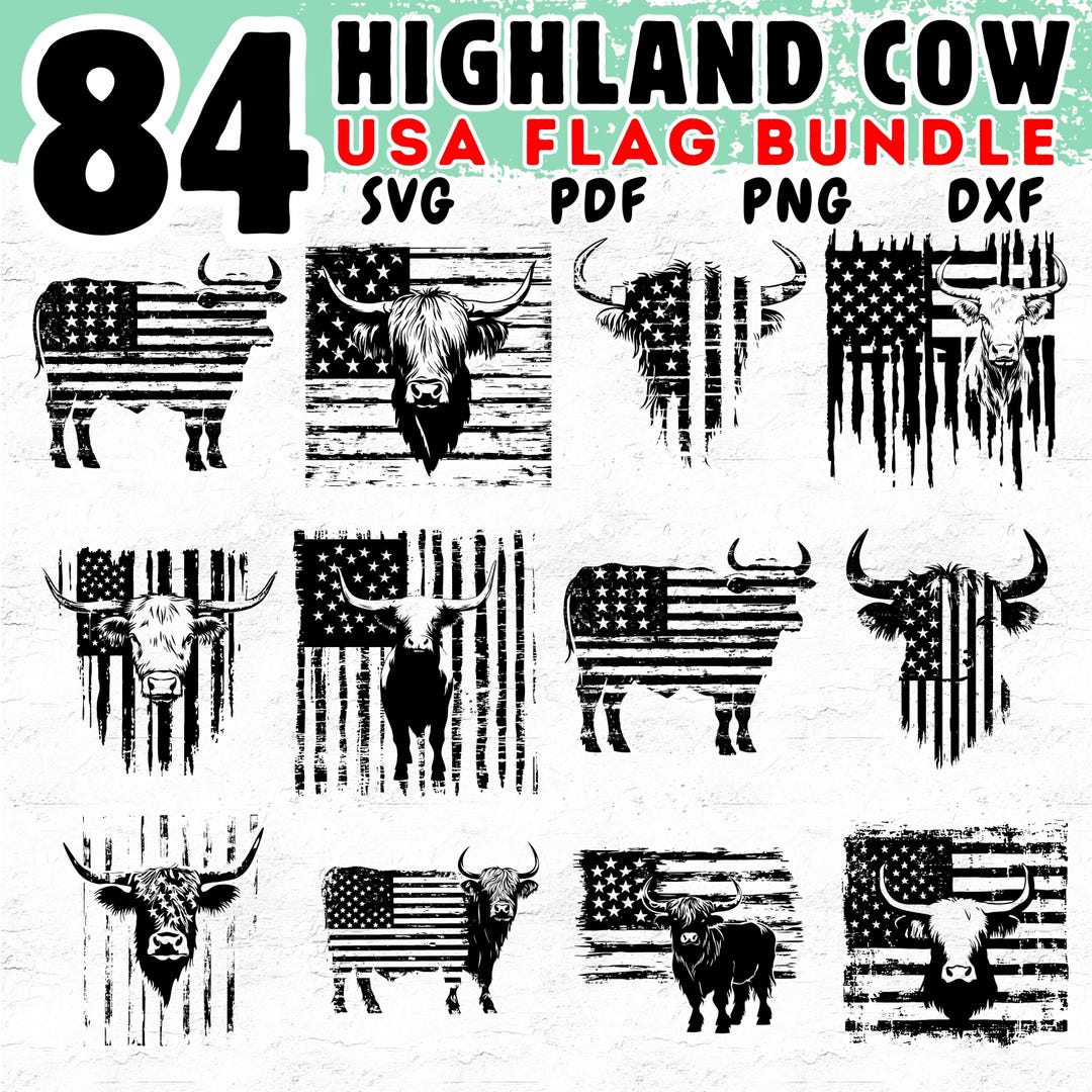 84 Highland Cow USA Flag SVG Bundle for Cricut Crafts, Patriotic Farm ...
