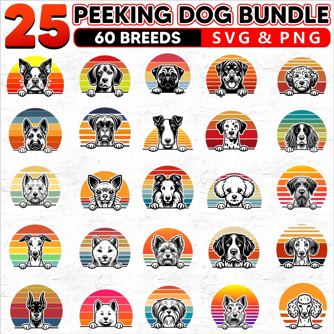 25 Dog Bundle Retro Sunset Peeking Dog Svg, Dog Bundle Svg Files ...