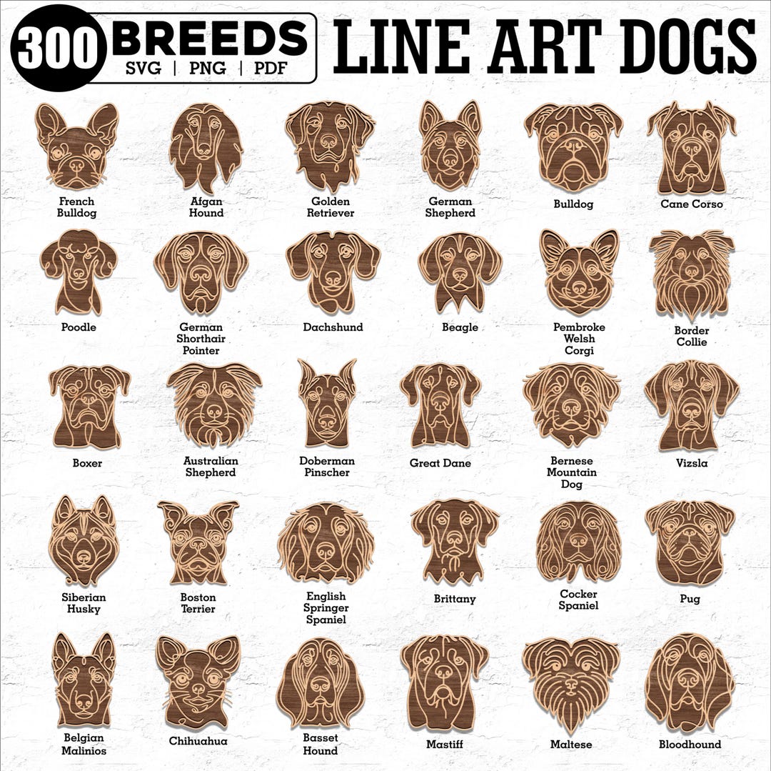 Line Art 300 Breeds Dog Bundle Svg Pdf Dxf - Dog Ornaments, Dog Laser ...