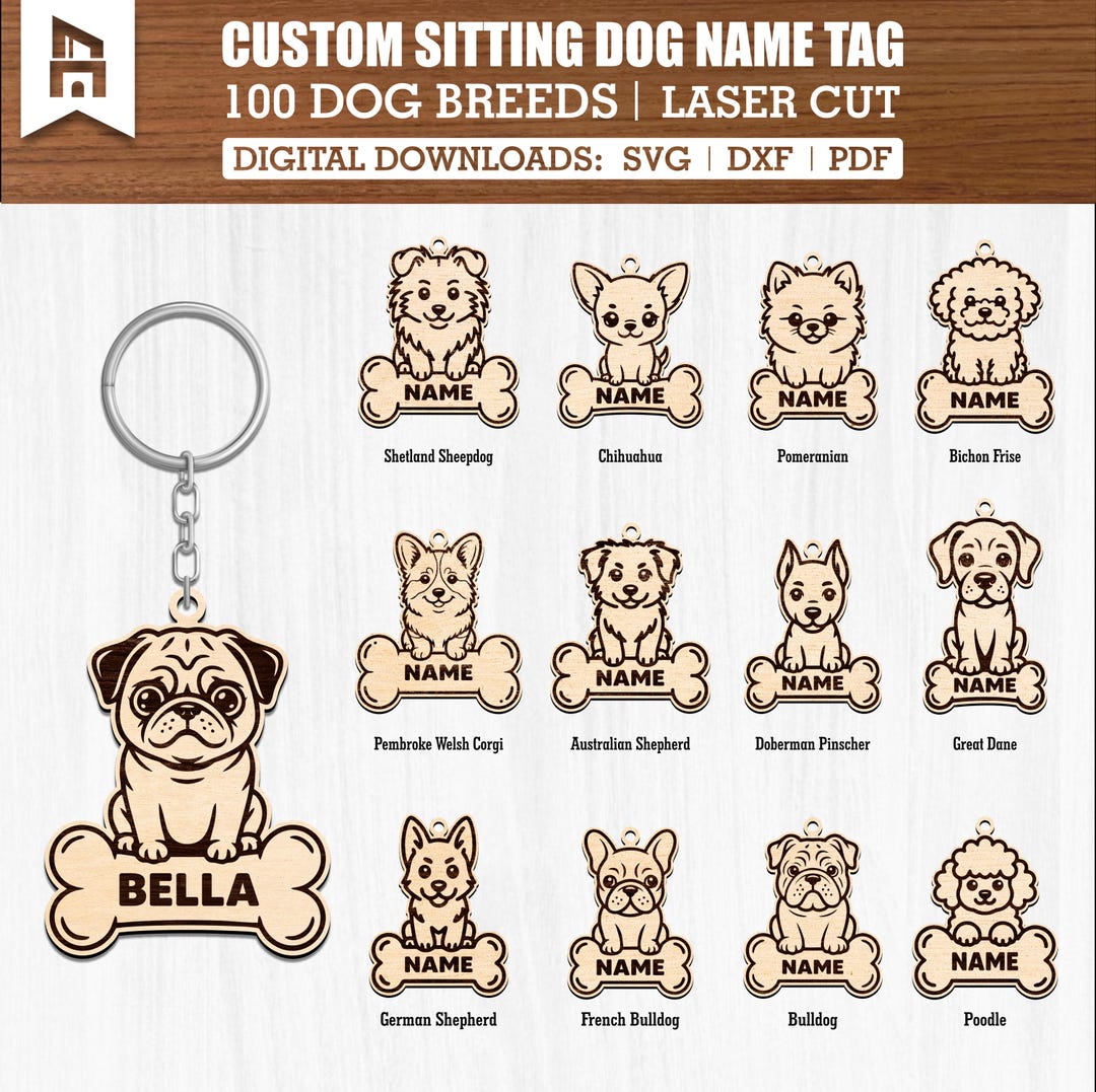 Customize 100 Breeds Sitting Dog Name Tag Keychain SVG Bundle | Laser ...
