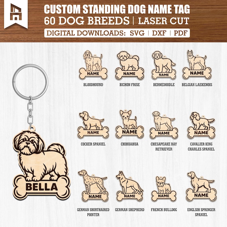 60 Standing Dog Custom Name Tag Keychain SVG Bundle | Laser Cut Files ...