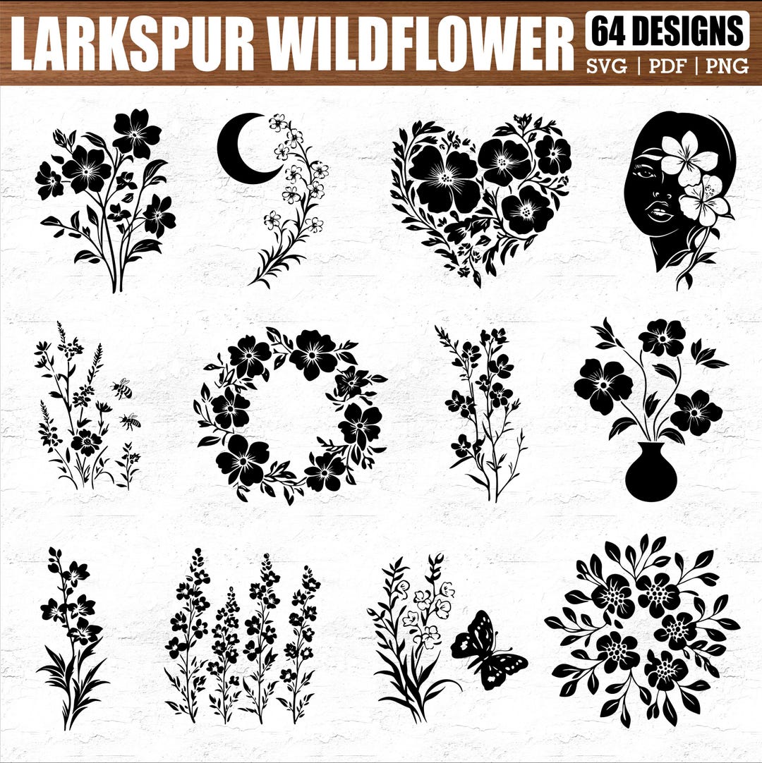 64 Larkspur Wildflower SVG Bundle, Floral Silhouette Cut Files for ...