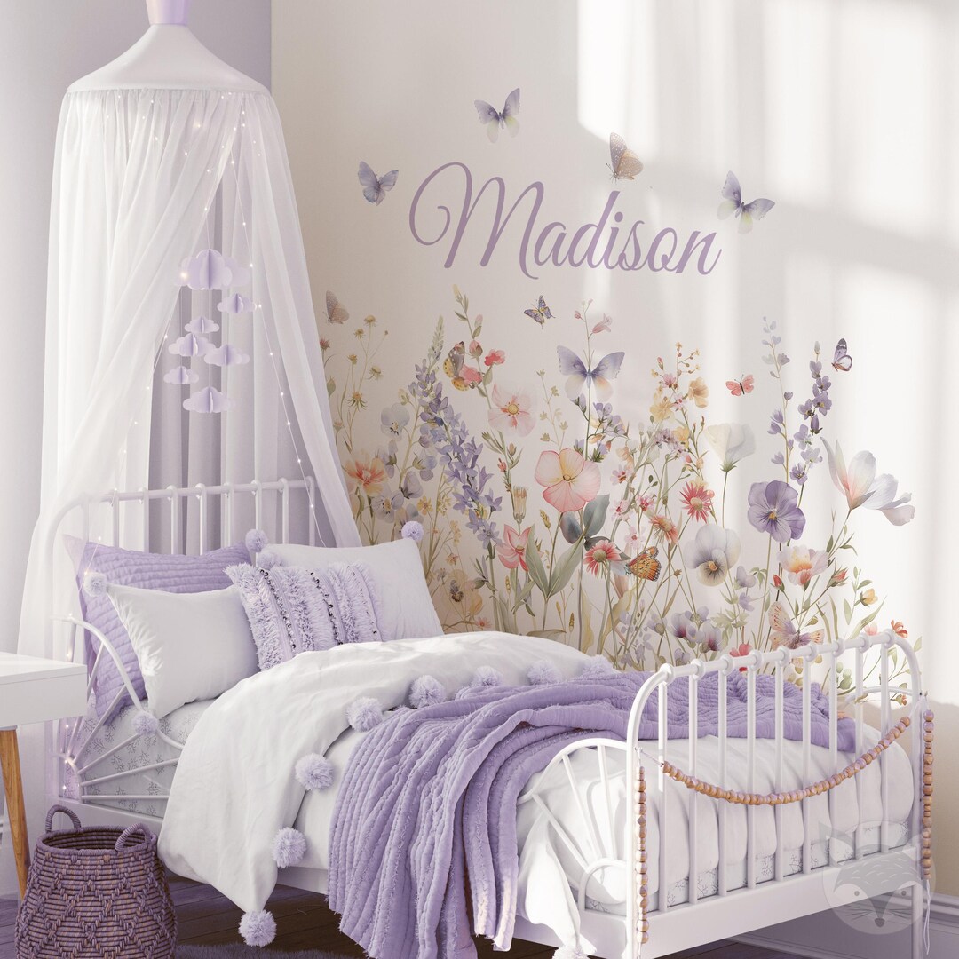Personalized Wildflower Wall Decals, Butterfly Nursery Art, Floral Wall ...