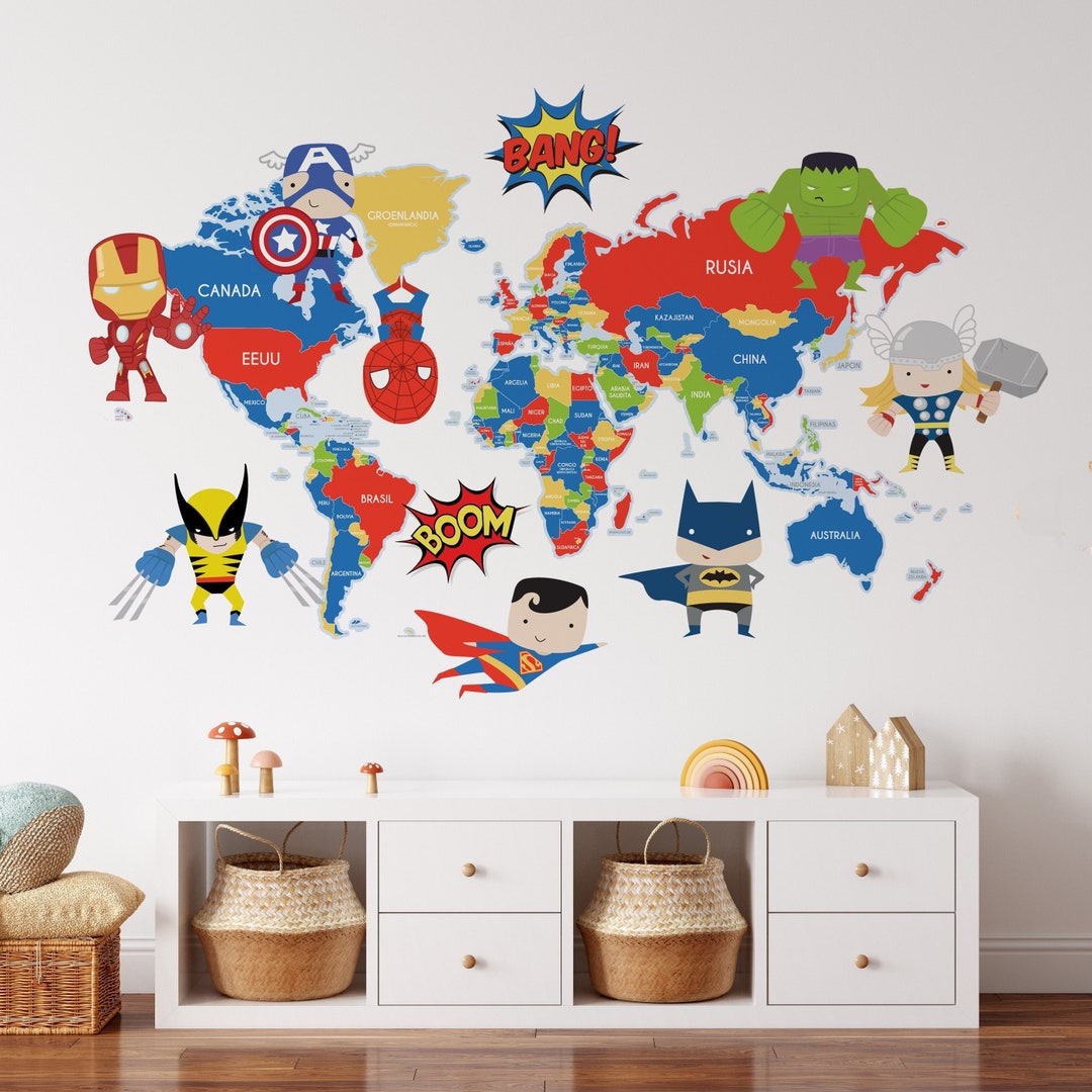 Superhero Wall Decal, World Map With Countries, World Map Wall Decal ...