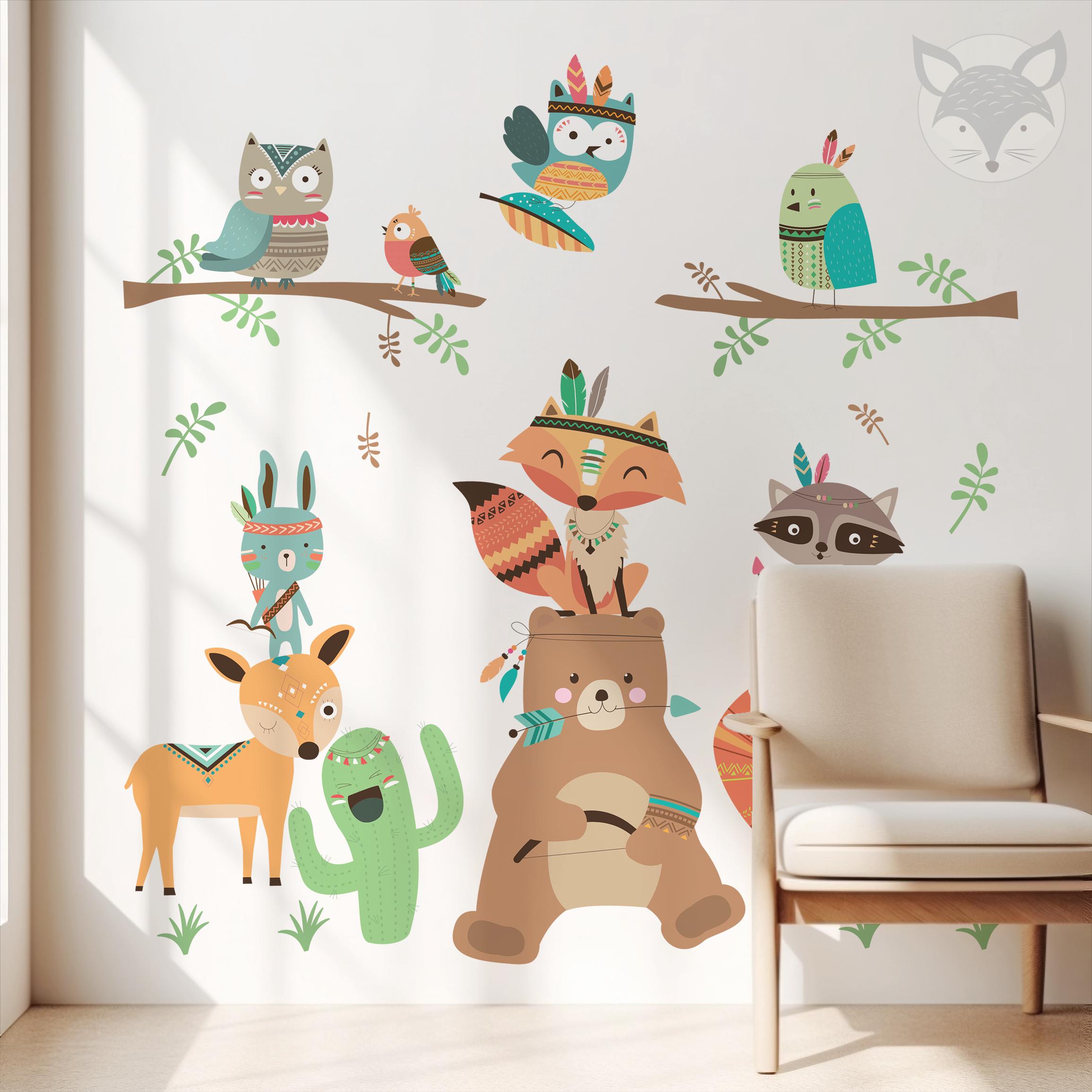 Boho Woodland Wall Decal, Tribal Animal Mural, Fox Bear Lion Owl Cactus ...