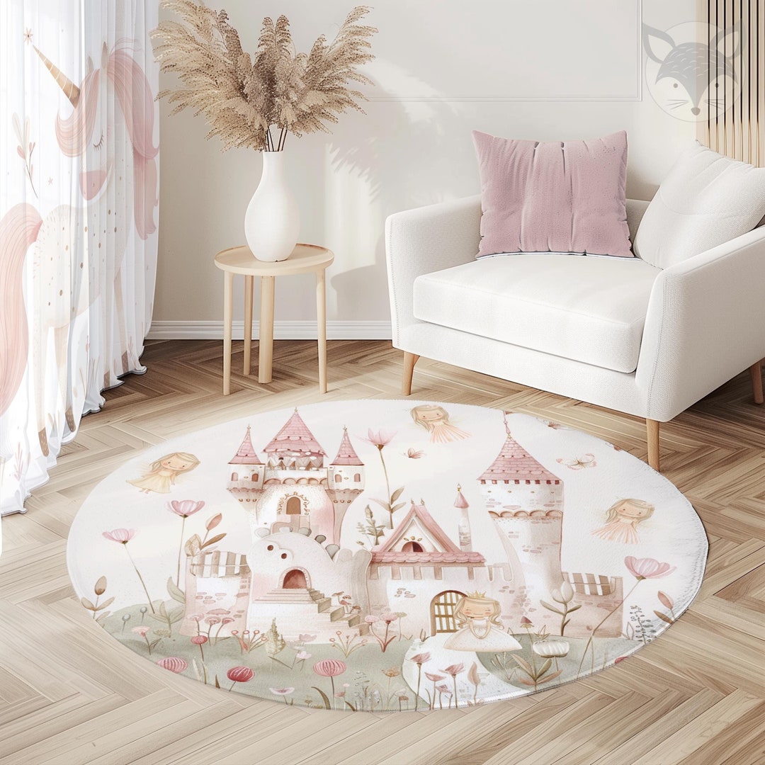 Princess Castle Kids Rug, Fairy Tale Round Carpet, Pink Nursery Rug ...