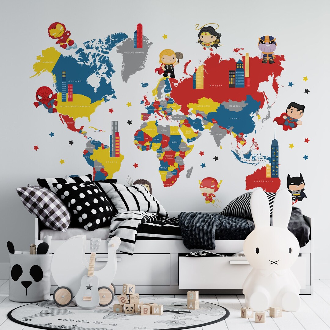 Superhero Wall Decal, World Map Wall Sticker, World Map With Countries ...