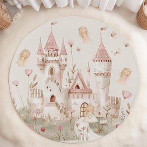 Princess Castle Kids Rug, Fairy Tale Round Carpet, Pink Nursery Rug ...