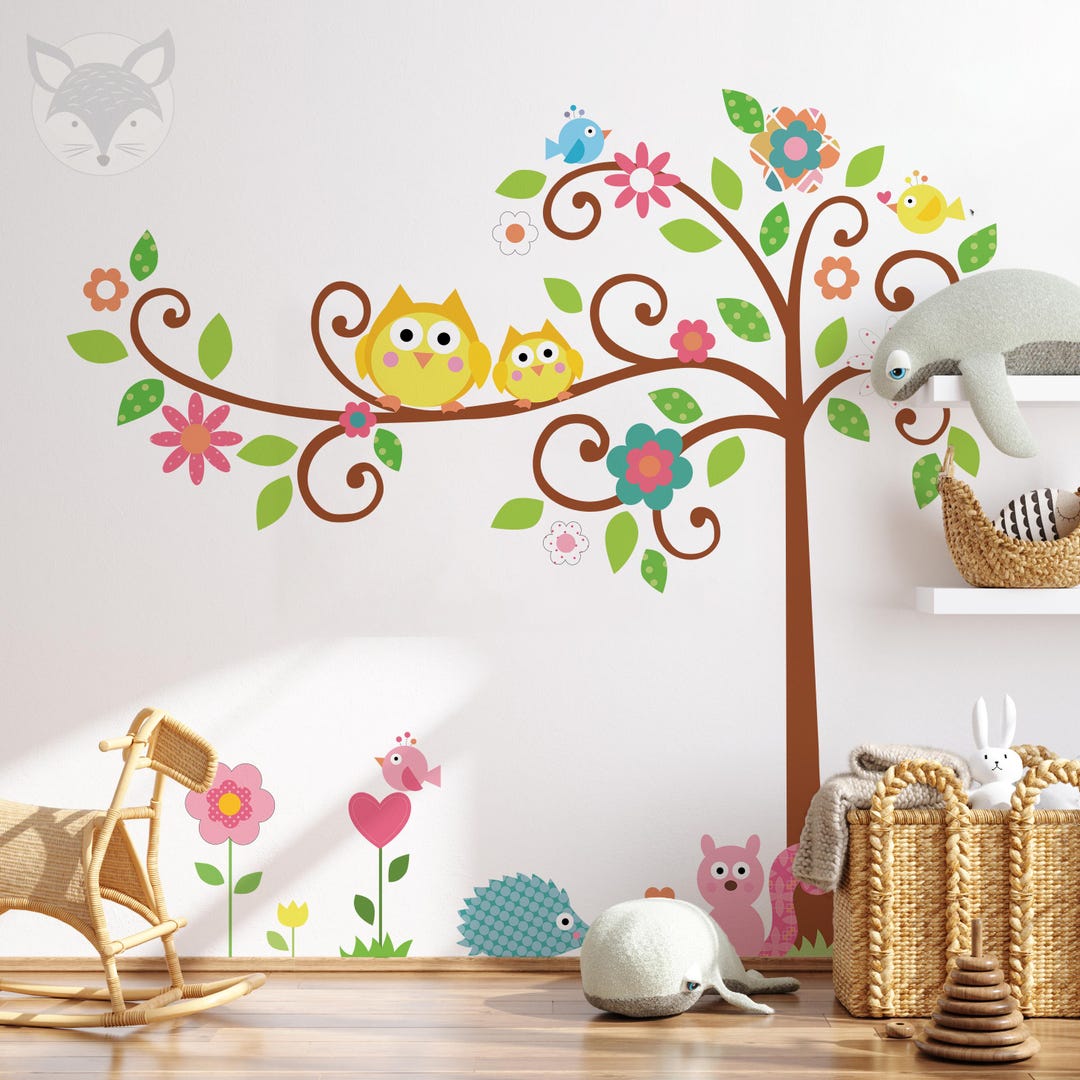 Colorful Owl Tree Wall Decal, Nursery Wall Stickers for Kids, Animal ...