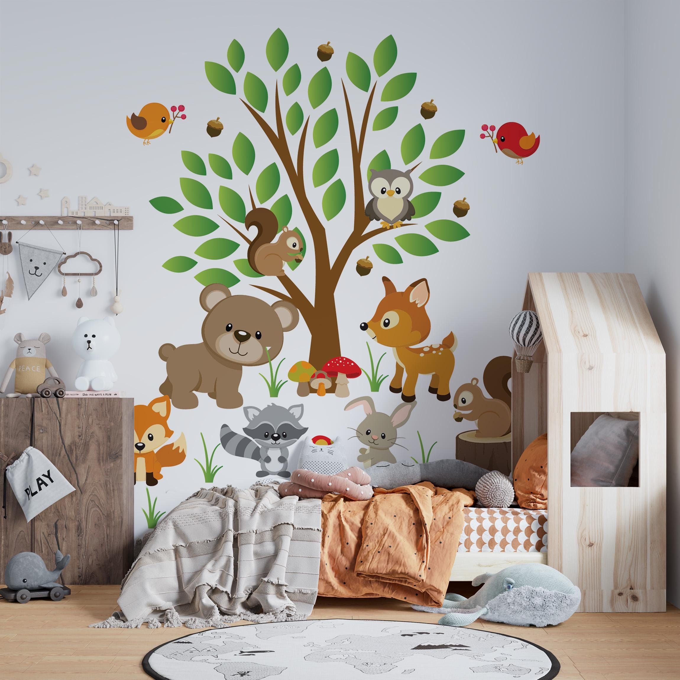 Woodland Animals Wall Decal, Tree With Bear, Squirrel, Deer & Owl ...