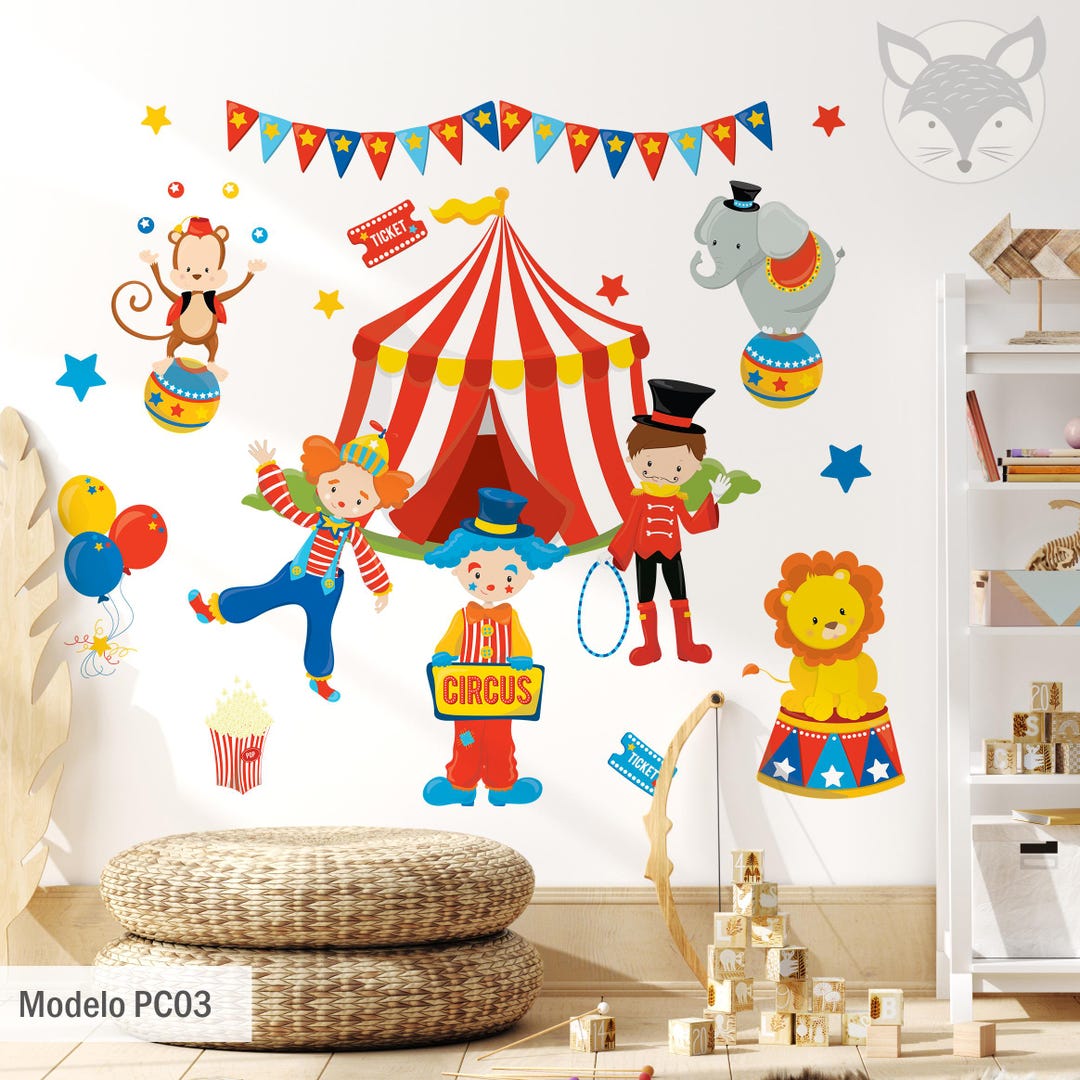 Circus Wall Decal for Kids Room, Clowns, Tent, Lion & Monkey Decor ...