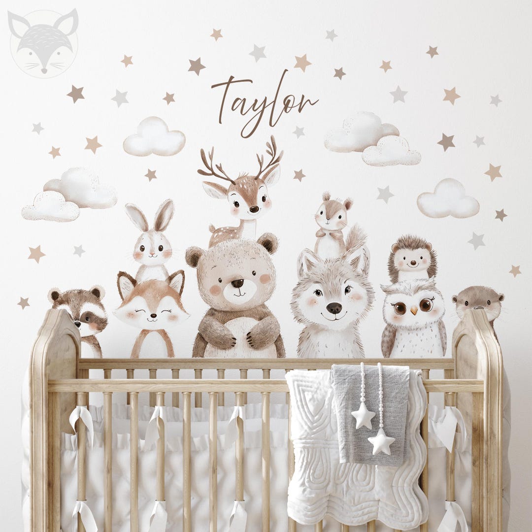 Woodland Animals Wall Decal With Name, Neutral Forest Nursery Decor ...