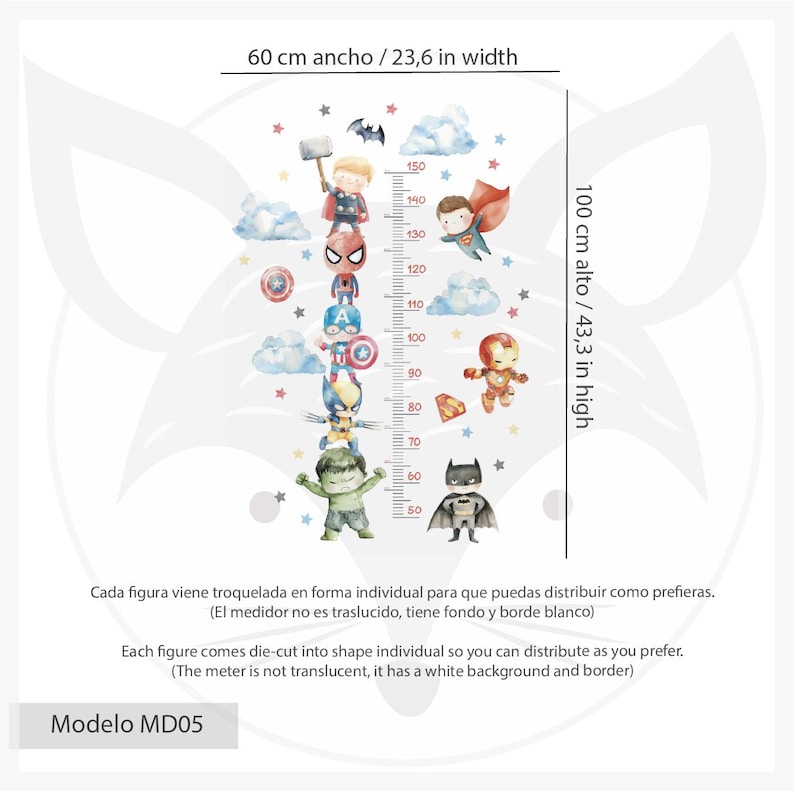 Marvel Superheroes Height Chart Wall Decal, Boy Watercolor Kids Growth ...
