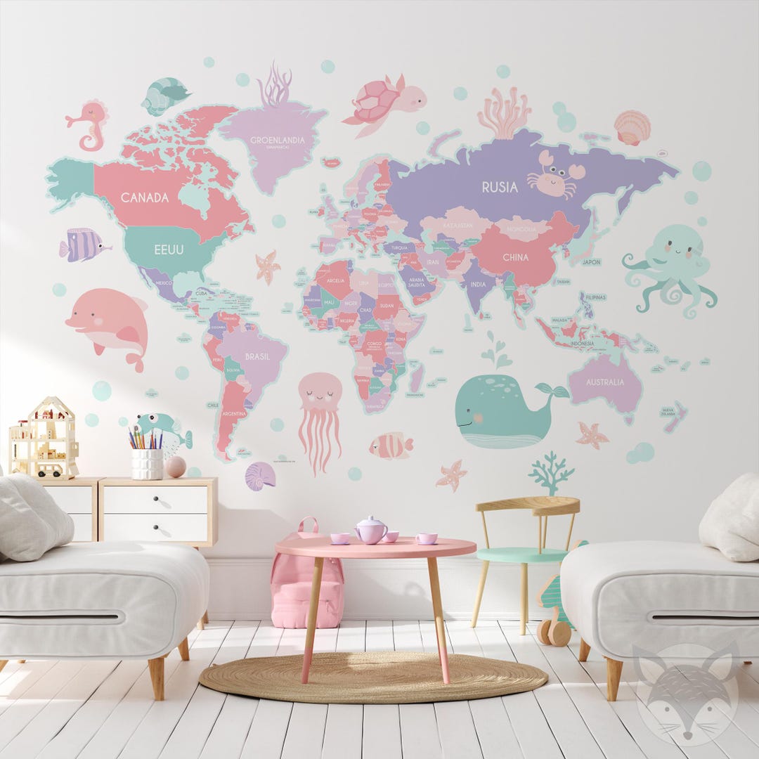 Pink World Map Wall Decal for Kids, Educational Map for Girls Room ...