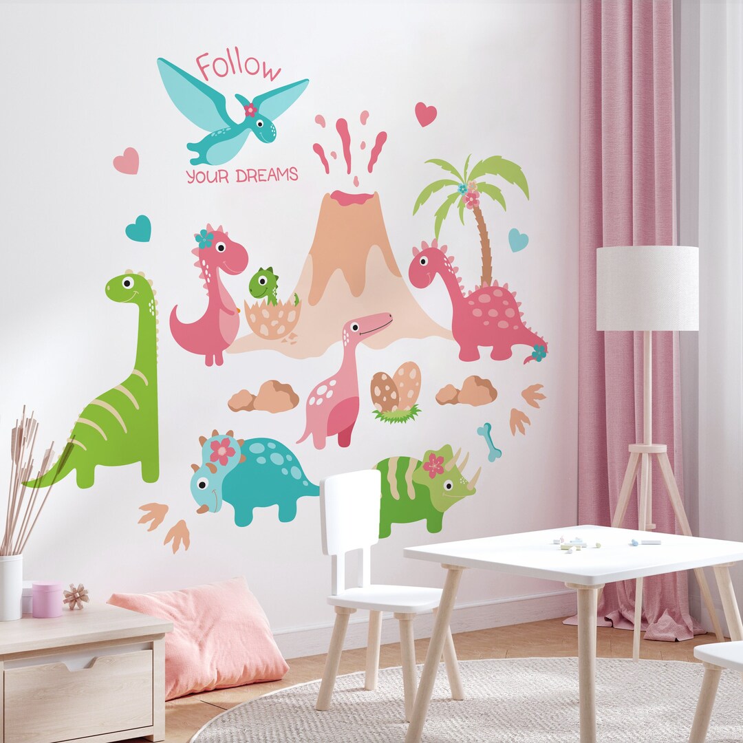 Dinosaur Wall Decal, Cute Dino Mural, Kids Room Decor, Pastel Nursery ...
