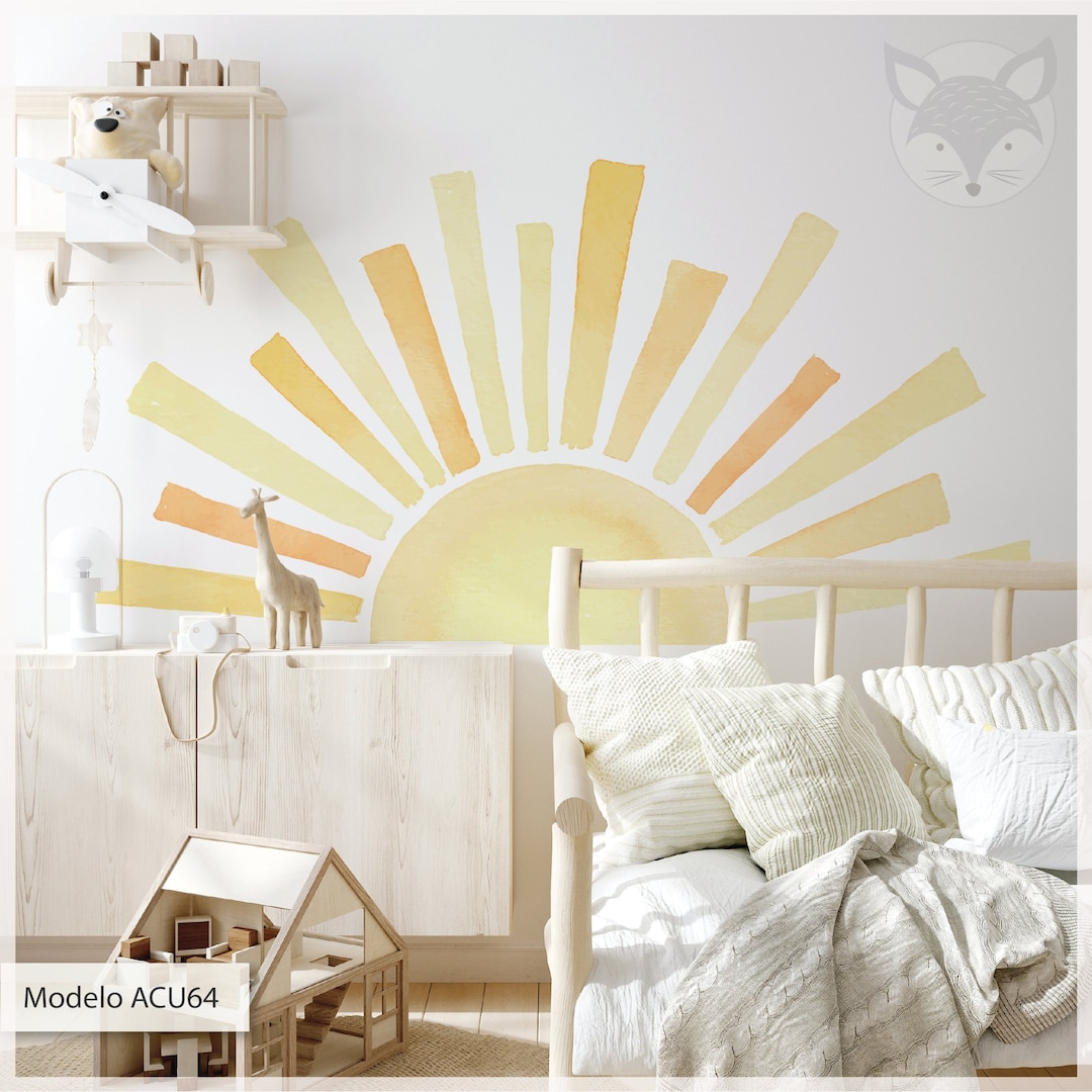 Watercolor Sun Sticker, Half Sun Wall Decal, Sun Rays Vinyl, Stickers ...