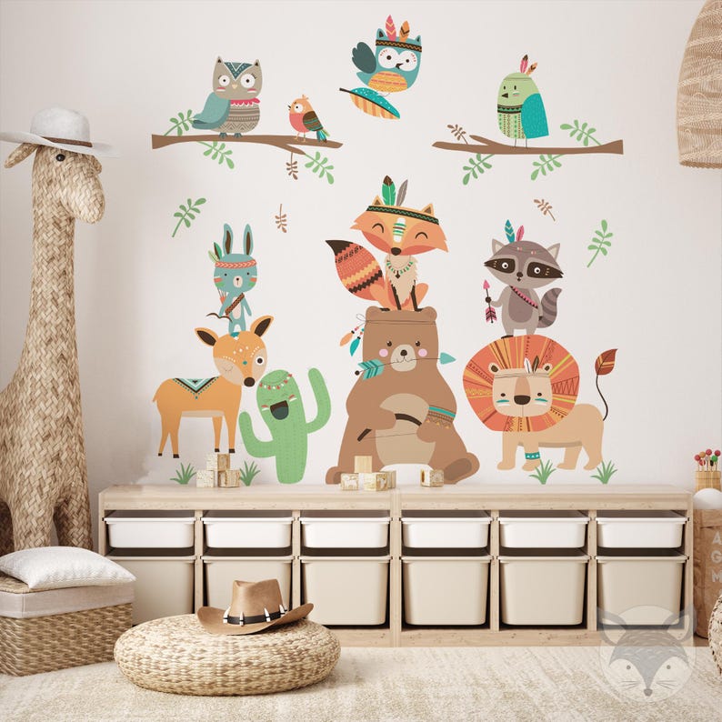 Boho Woodland Wall Decal, Tribal Animal Mural, Fox Bear Lion Owl Cactus ...