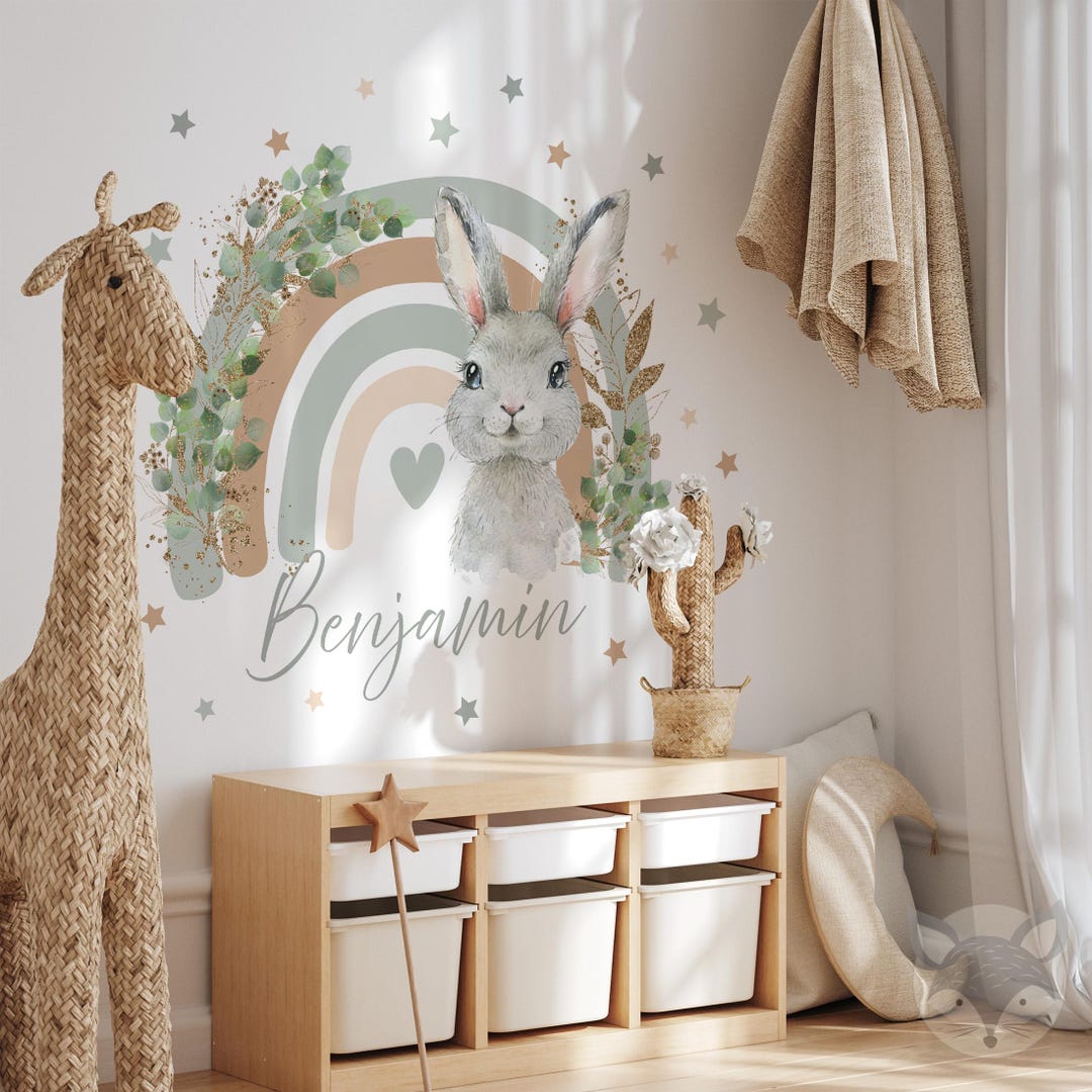 Personalized Bunny Wall Decal for Kids Room, Custom Name Rainbow ...