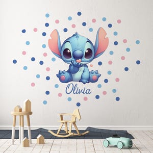 Stitch Wall Decal With Name, Custom Nursery Sticker, Blue and Pink Dots ...