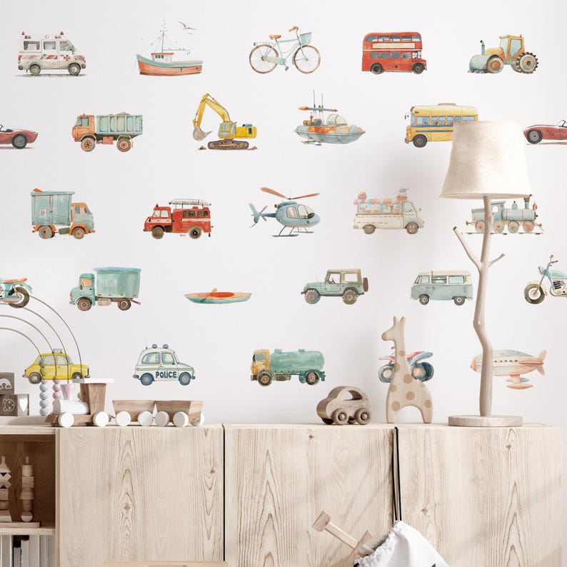 Kids Transportation Wall Decals, 25 Cute Vehicle Stickers for Nursery ...