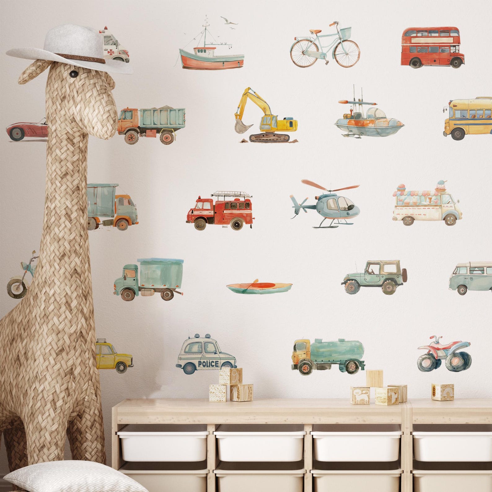 Kids Transportation Wall Decals, 25 Cute Vehicle Stickers for Nursery ...