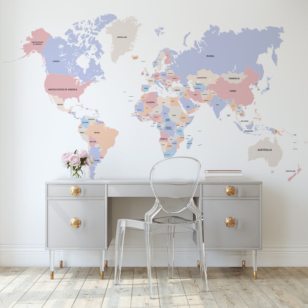 World Map With Countries, World Map Wall Sticker, World Map Children ...