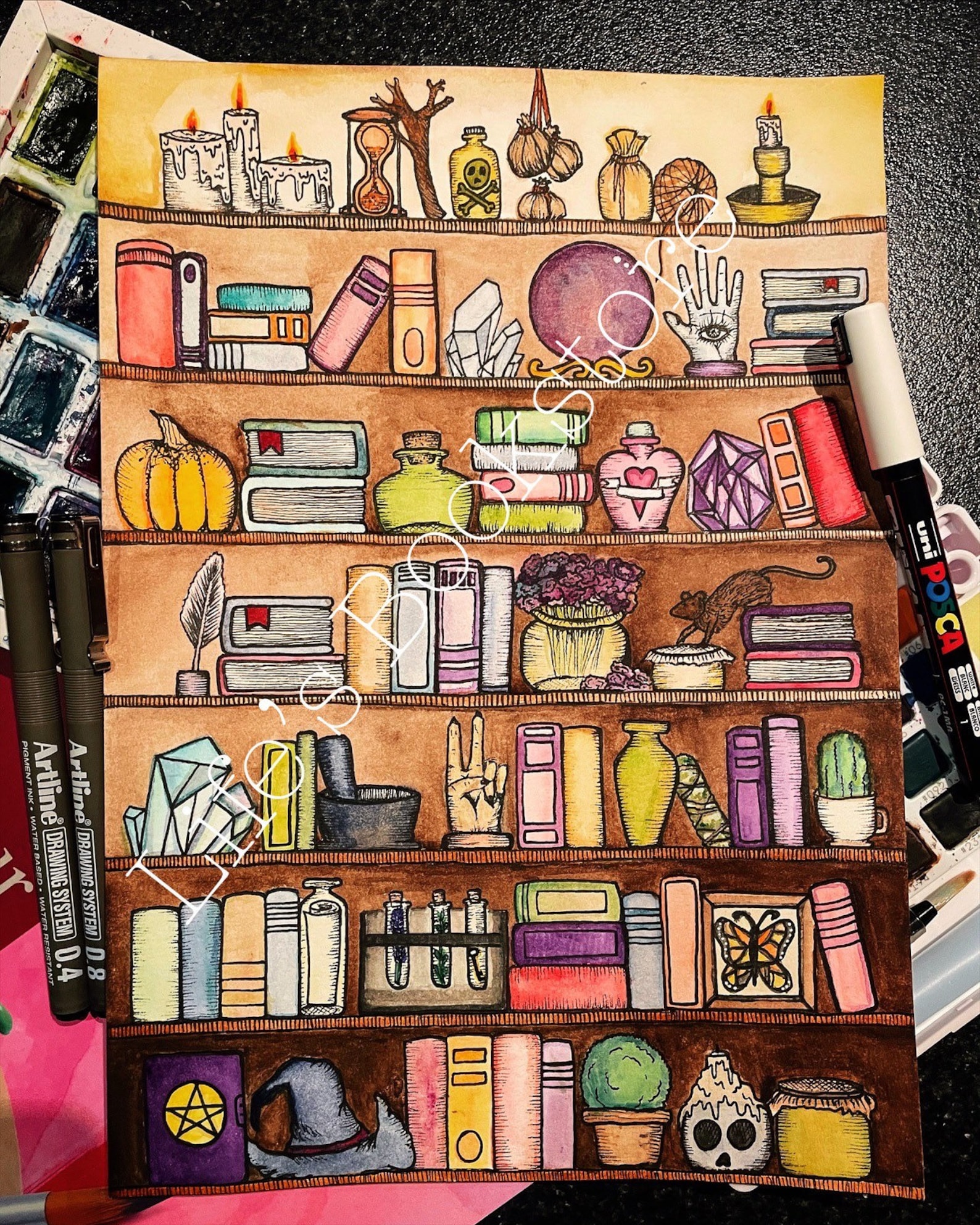A4 Witchy Halloween Bookshelf Watercolour Print - Etsy